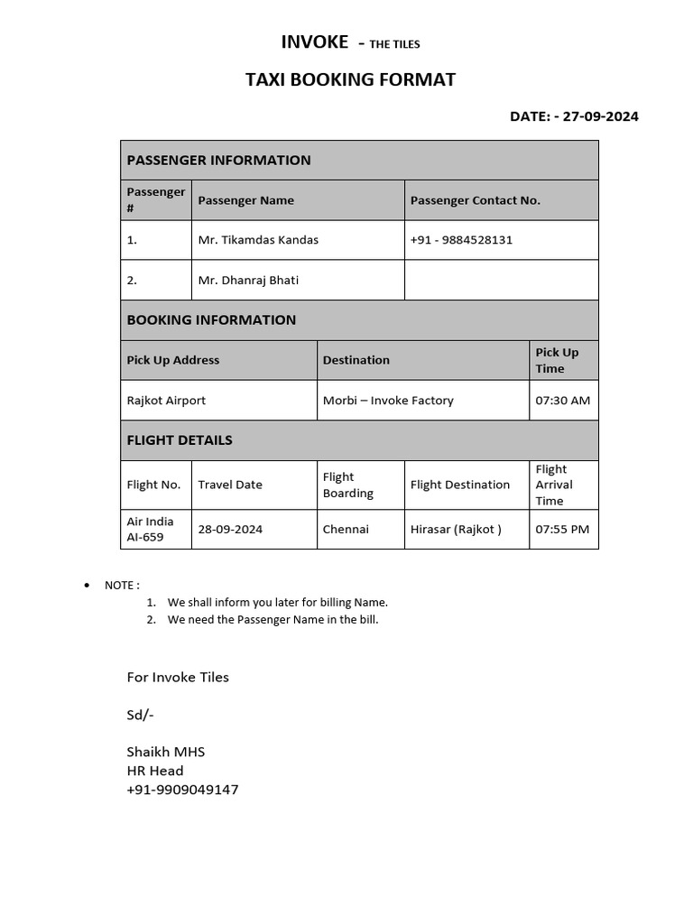 Taxi Booking Format - 27-9-24 | PDF
