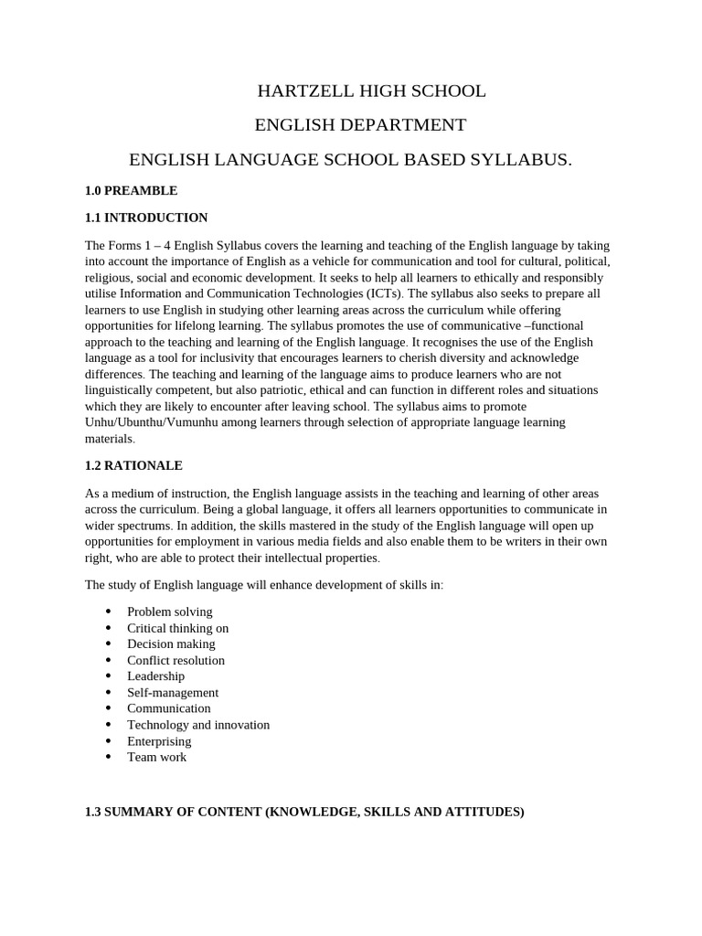 Hartzell High School English Syllabus | PDF | Learning | Literacy