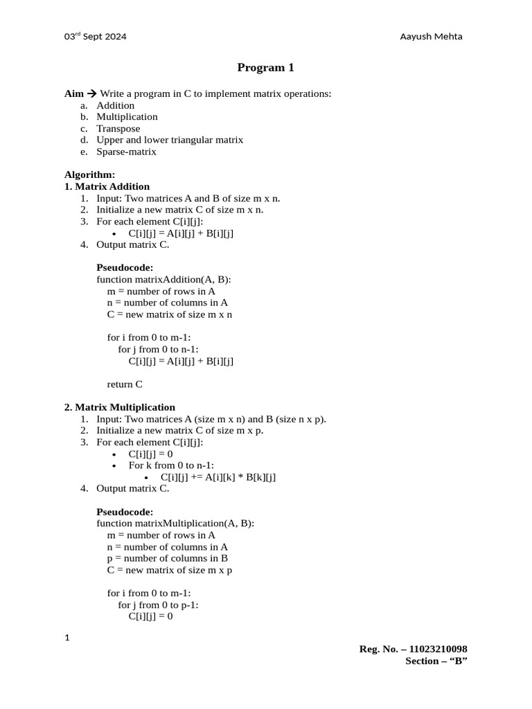 DSA Lab Manual Program 1 To 11 | PDF | Matrix (Mathematics) | Computer Programming