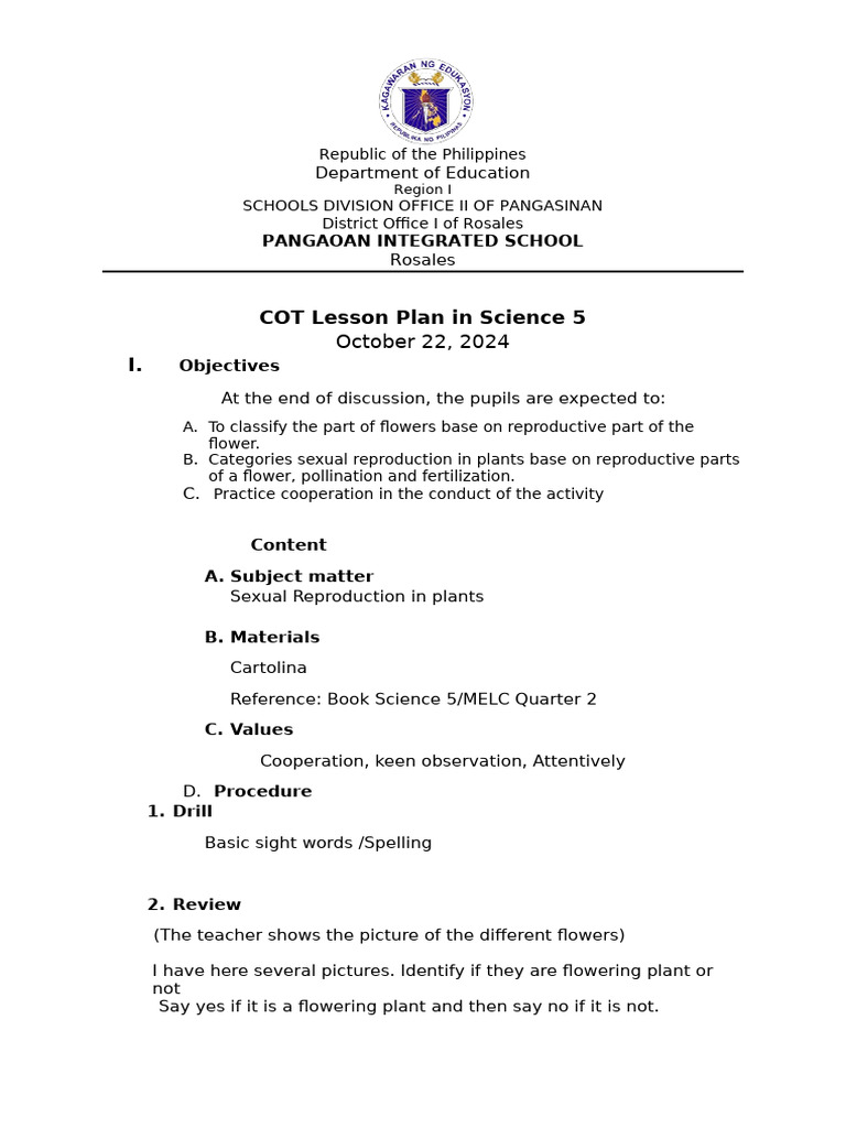 COT Jerahmeel Science 5 Q1 | PDF | Flowers | Pollination