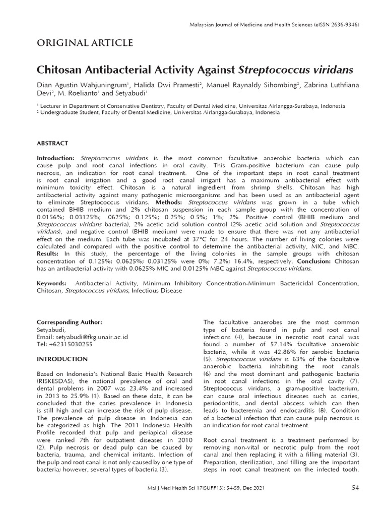 Chitosan Antibacterial Activity Against: Streptococcus Viridans | PDF | Bacteria | Streptococcus