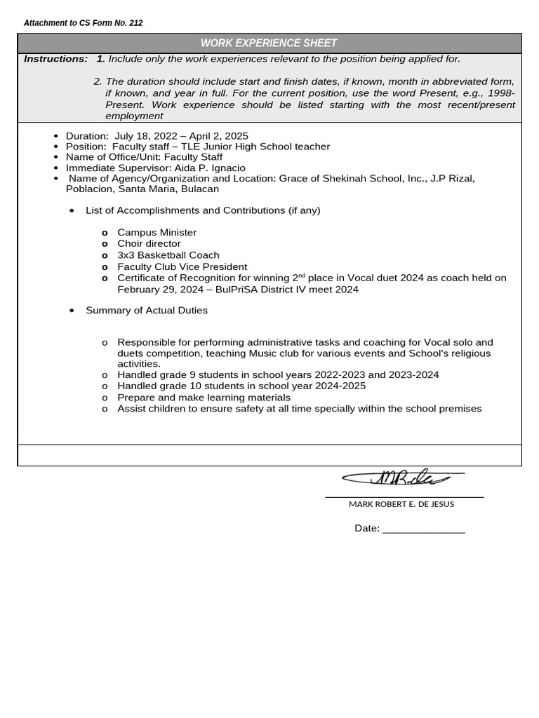 CS-Form-No.-212-Attachment-Work-Experience-Sheet | PDF