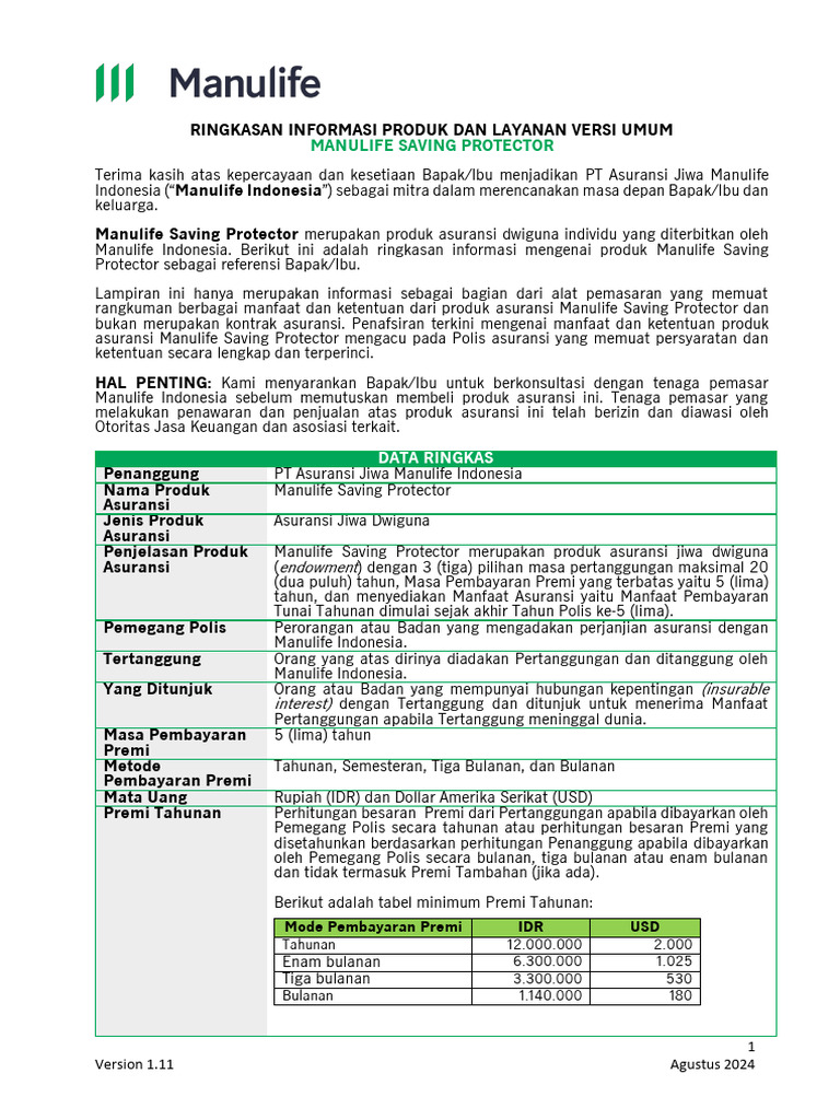 Manulife Saving Protector - Ringkasan Informasi Produk Dan Layanan ...