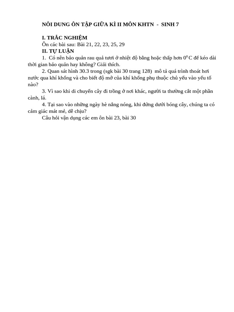 Khtn 7 (Sinh) Nôi Dung Ôn Tập Giữa Kì II Môn Khtn | PDF