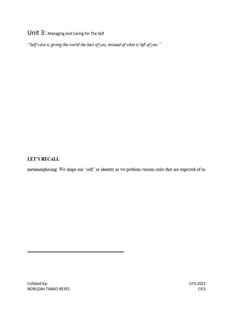 Unit 3 Managing and Caring Forthe Self | PDF | Motivational | Motivation