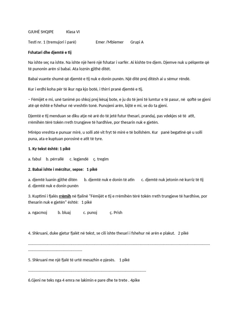 GJUHË SHQIPE Klasa VI. | PDF