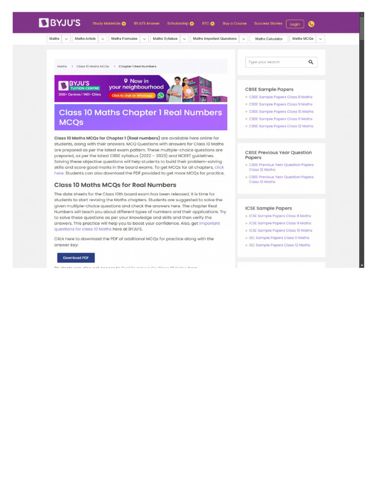 byjus.com-Class 10 Maths Chapter 1 Real Numbers MCQs With Answers ...