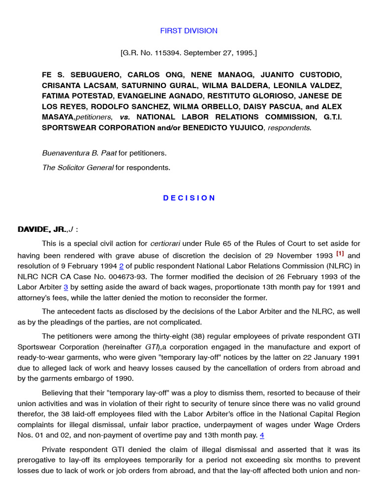 Labor Case: Sebuguero vs. NLRC | PDF | Layoff | Employment