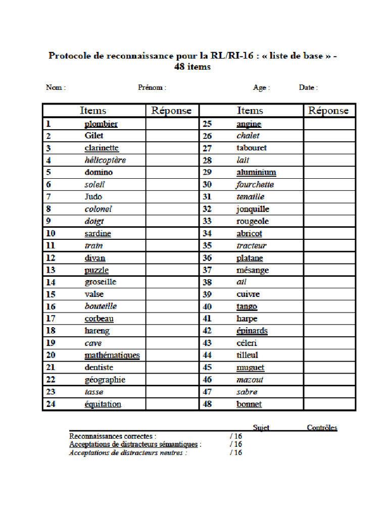 Feuille cotation Reconnaissance liste A | PDF