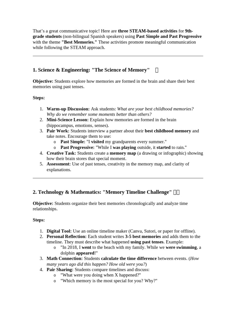 STEAM Activities for 9th Grade Memories | PDF | Memory | Creativity