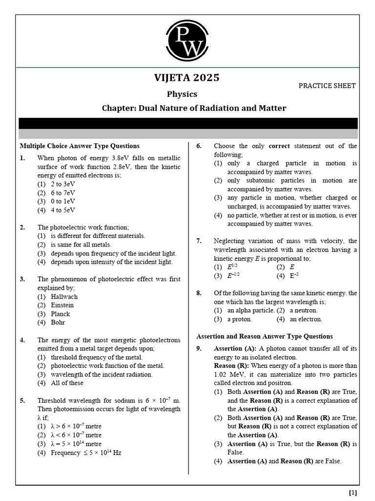 Photoelectric Effect Practice Questions | PDF | Photoelectric Effect ...