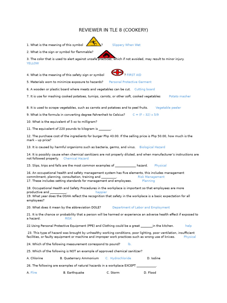 Reviewer in Tle 8 Cookery | PDF | Occupational Safety And Health | Hazards