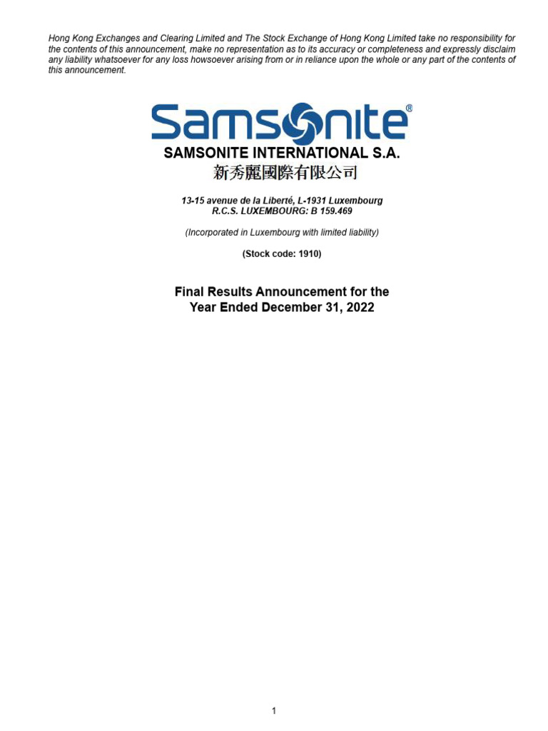 E Samsonite 2022 Annual Results Announcement (2023!03!15 Final) | PDF | Economies | Financial ...