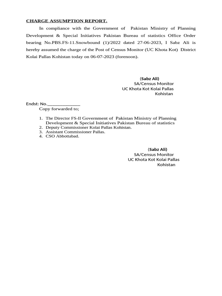 Census Monitor Charge Assumption Report | PDF | Pakistan | Government Of Pakistan