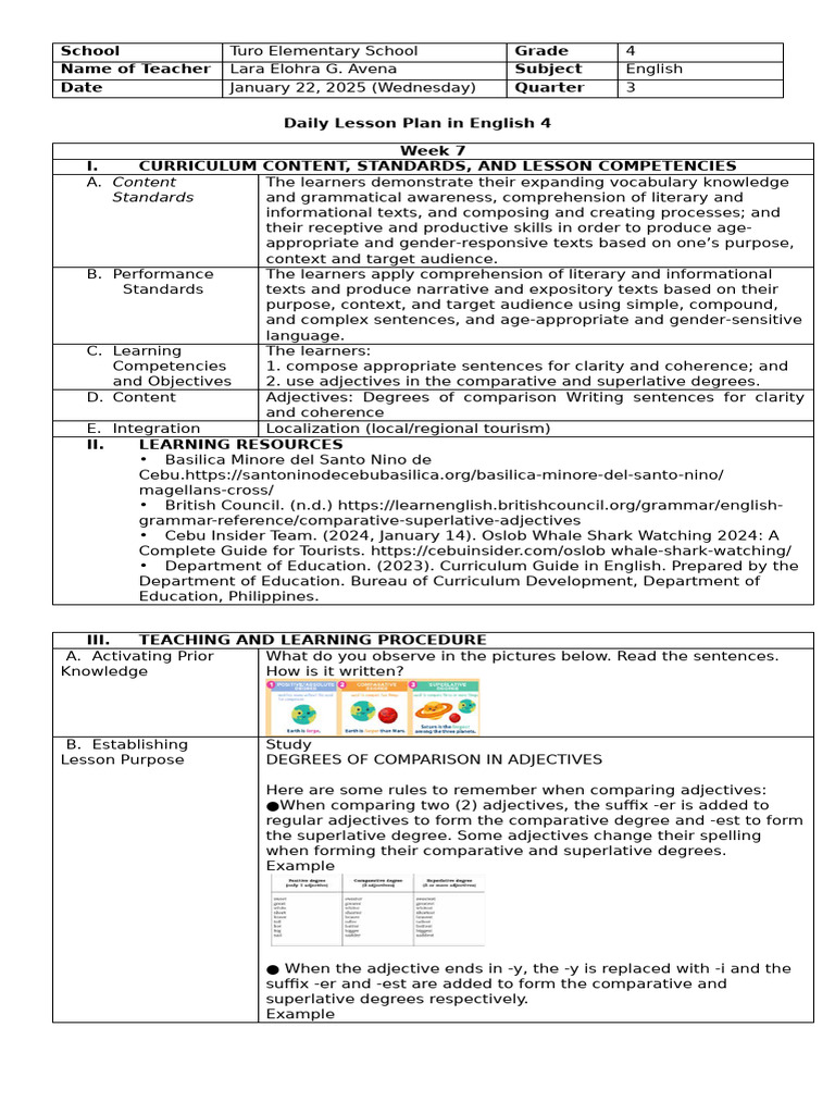 DLP-ENGLISH 4 - QUARTER 3 WEEK-7-Wednesday | PDF | Adjective | Learning