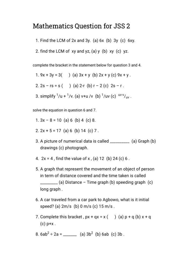 Teachers and students aids_ Mathematics Question for JSS 2 | PDF