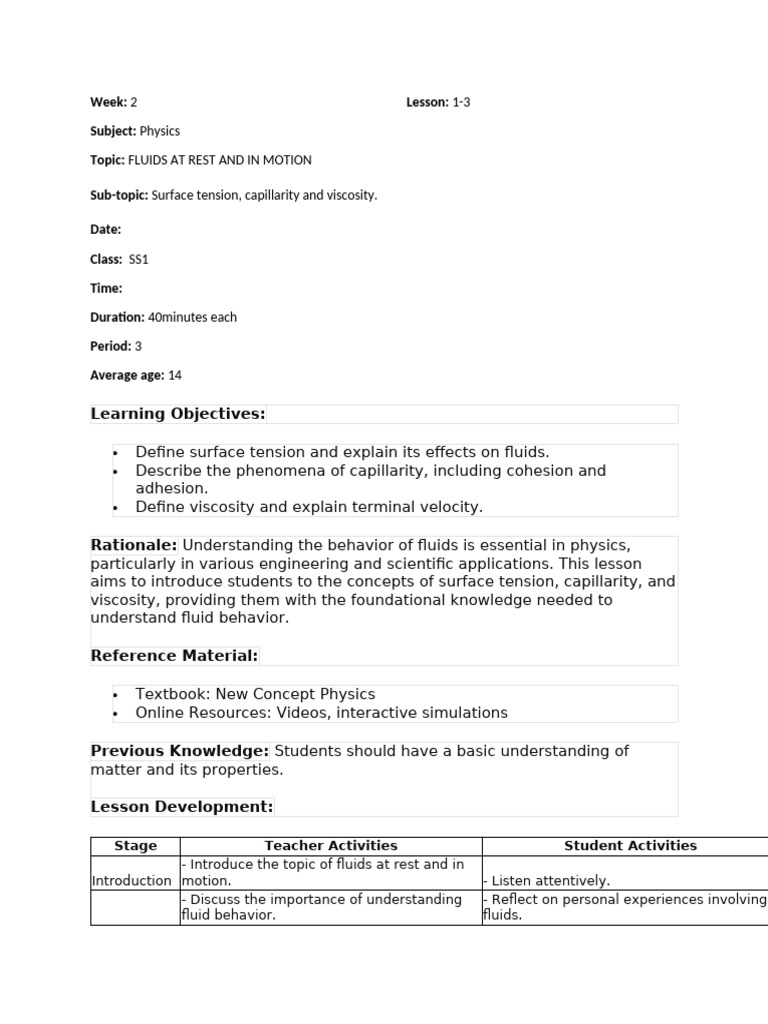WK2 PHYSICS SS1 Lesson Plan | PDF | Viscosity | Physics