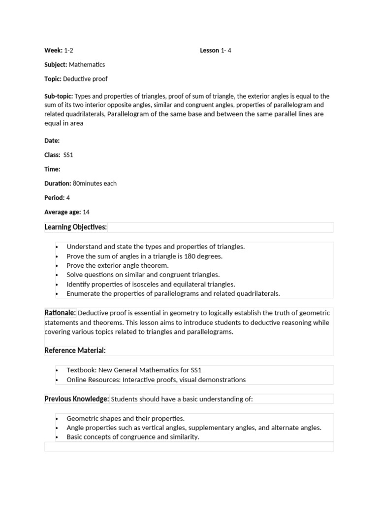 WK1&2 MATHS SS1 Lesson Plan | PDF | Triangle | Mathematical Proof