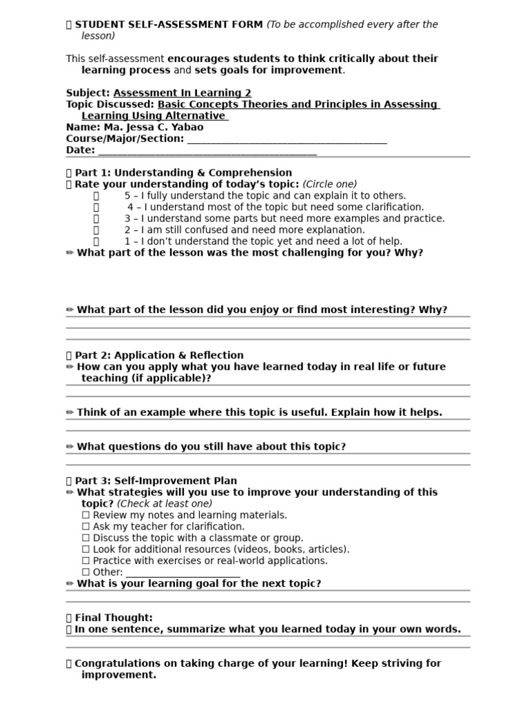 Student Self-Assessment Form | PDF