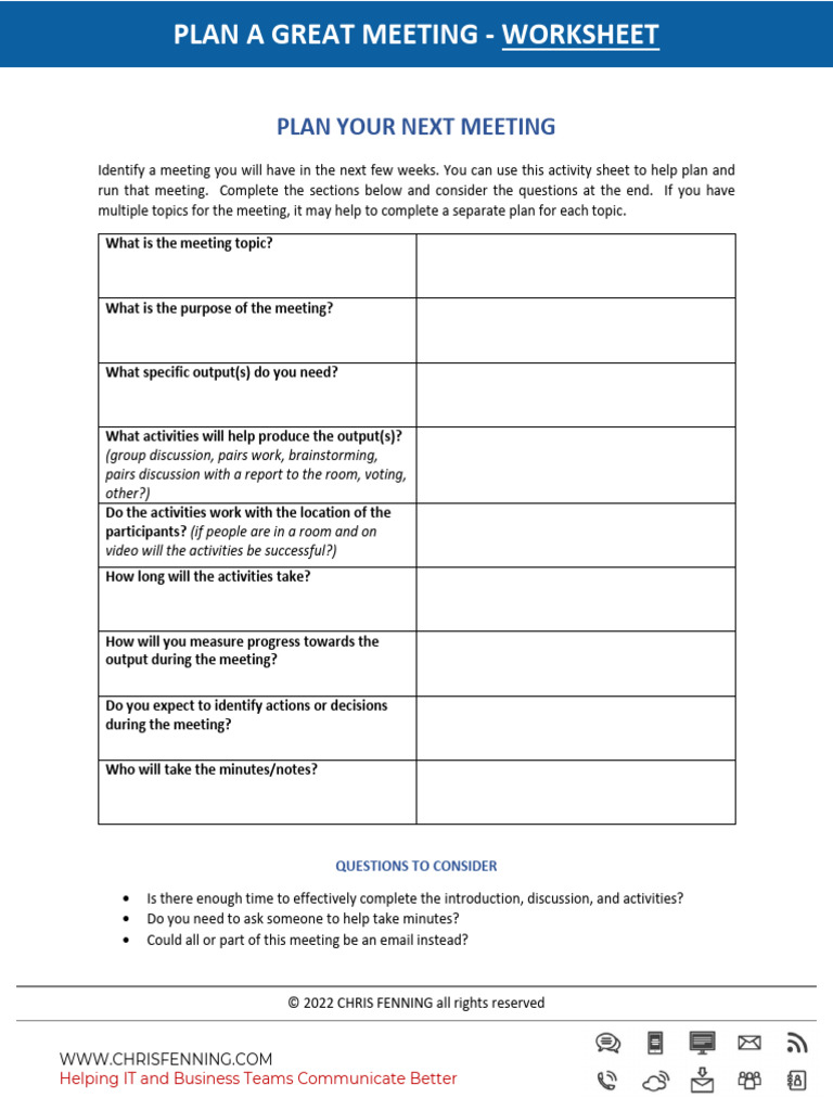 Plan A Great Meeting Worksheet | PDF