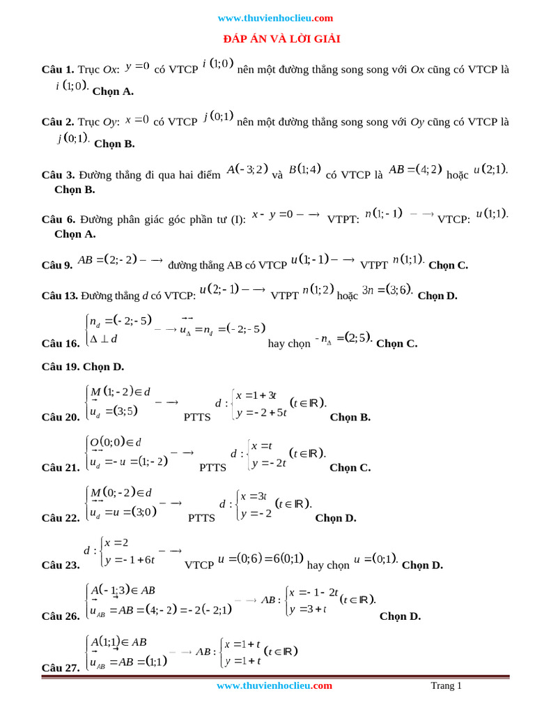 BT Trac Nghiem Phuong Trinh Duong Thang | PDF