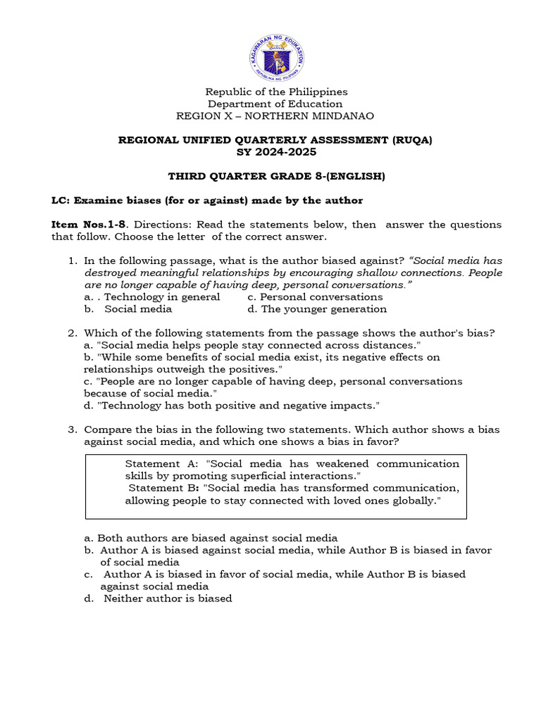 Quarter 3 English 8 TQ With LC | PDF | Propaganda | Narrative