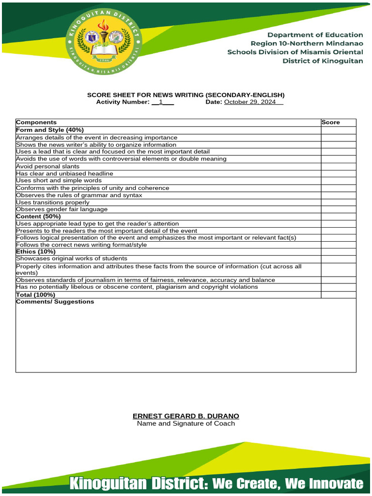 DAILY TRAINING-SCORE SHEET (News) | PDF
