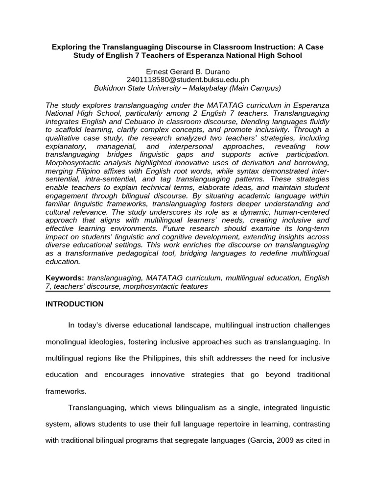 Translanguaging in English 7 Classrooms | PDF | Linguistics ...
