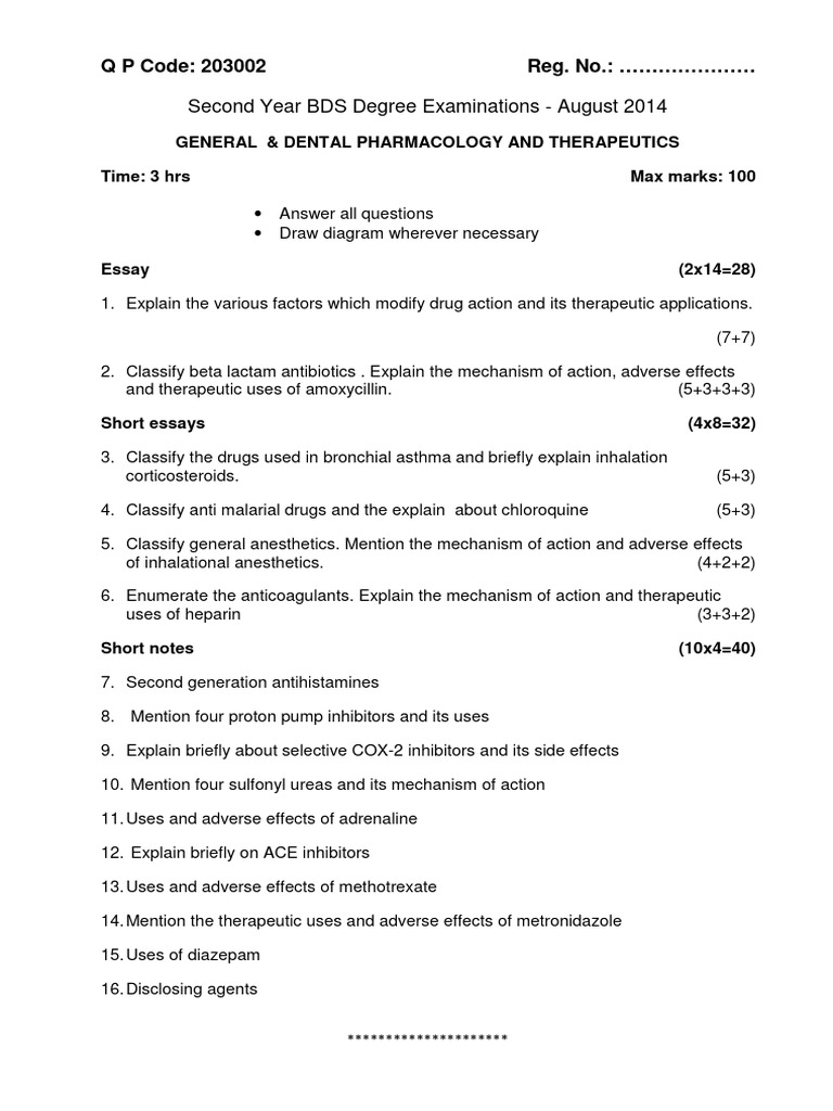 Second Year BDS Degree Examinations - August 2014: Q P Code: 203002 Reg. No. | PDF