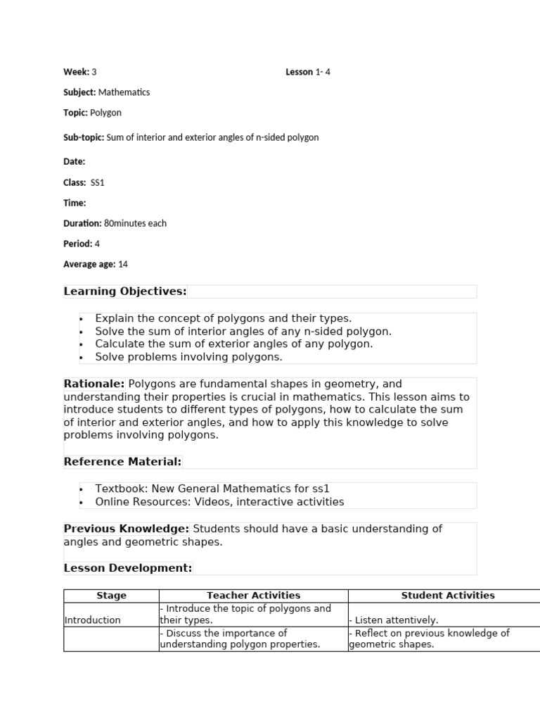 WK 3 MATHS SS1 Lesson PLan | PDF | Mathematics | Geometry
