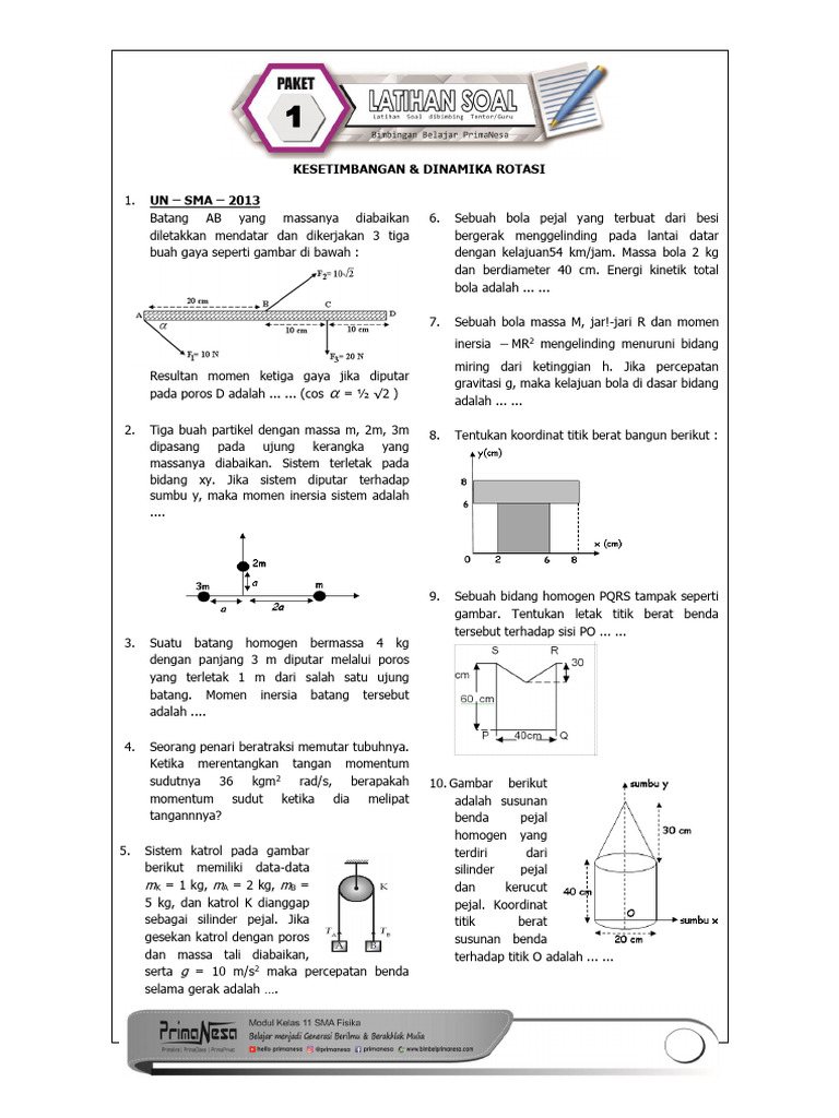 Fisika Bab 1 Latihan Soal 1 Kesetimbangan & Dinamika Rotasi 11 Sma | PDF
