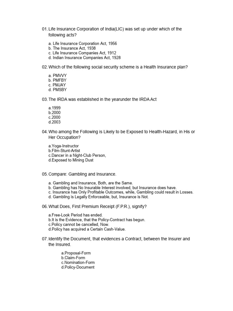 Insurance Knowledge Quiz | PDF | Insurance | Life Insurance
