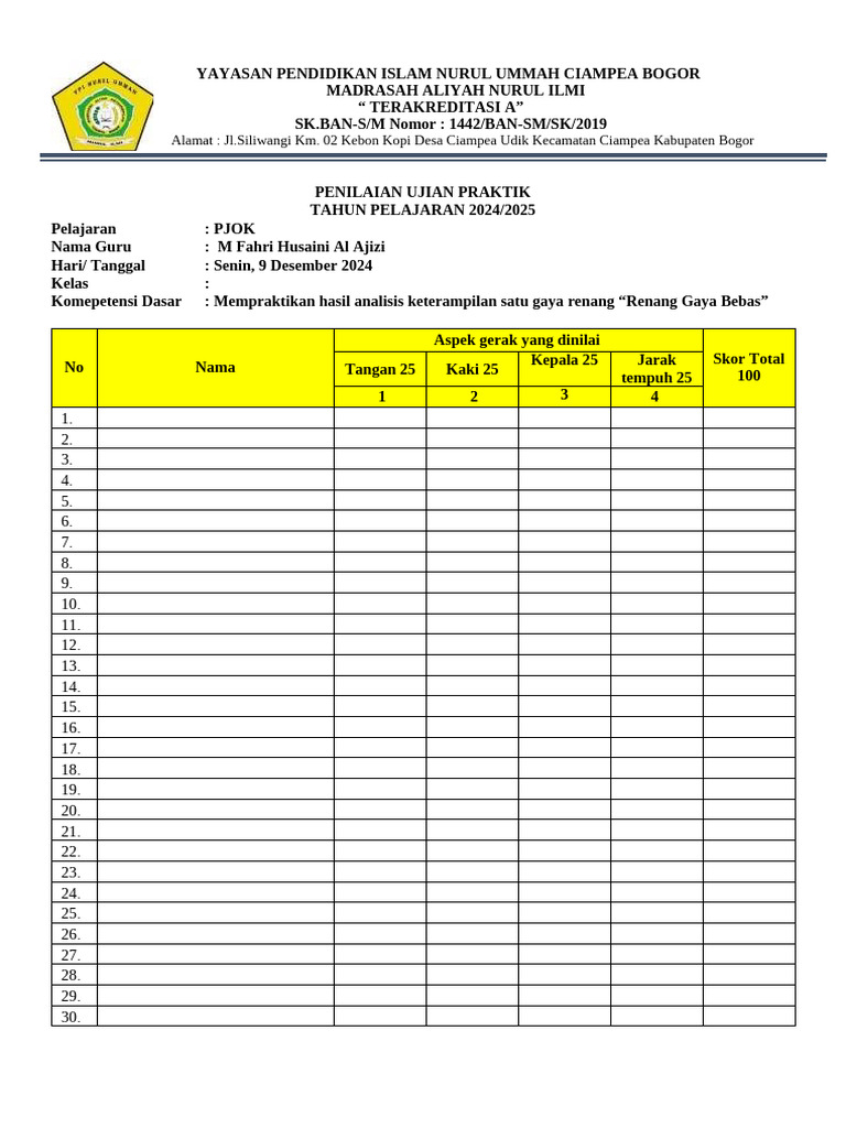 FORMAT PENILAIAN UJIAN PRAKTIK RENANG | PDF