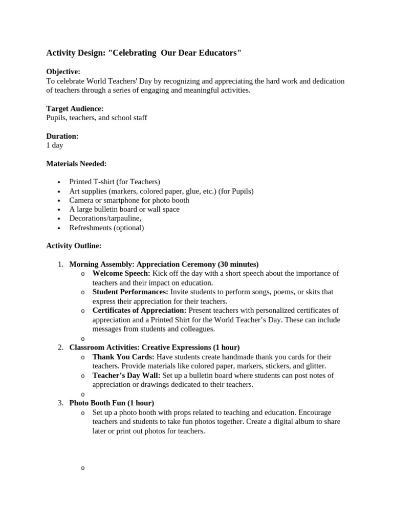 Activity Design-World Teacher S Day | PDF | Teachers