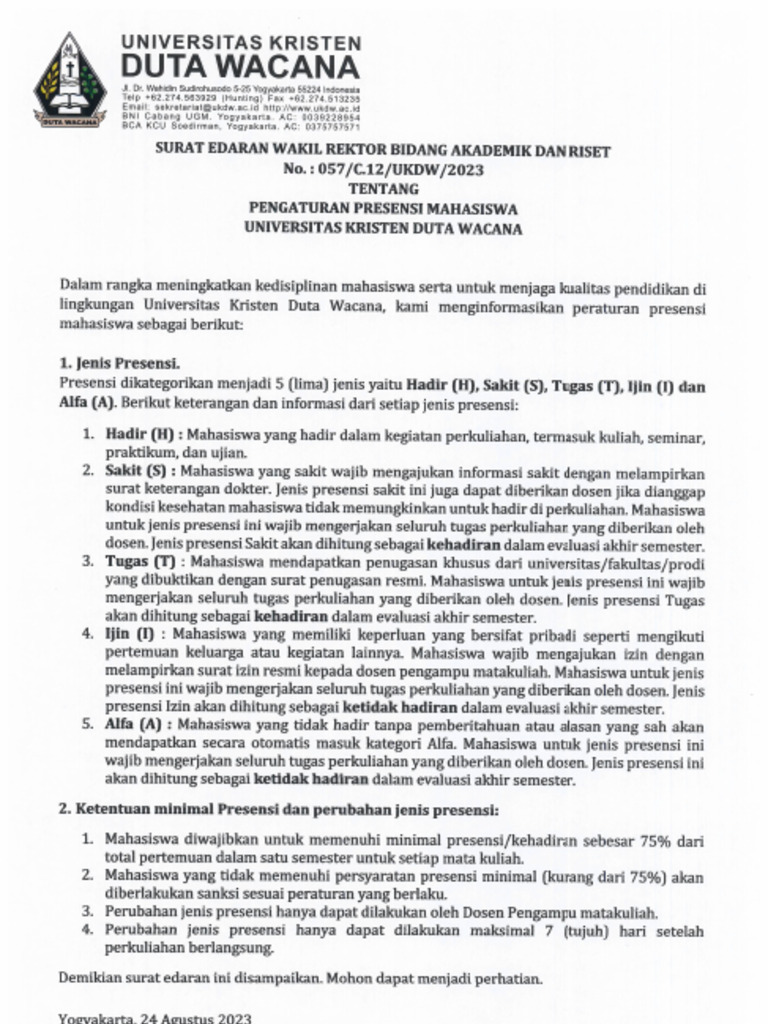 Surat Edaran Pengaturan Presensi Mahasiswa UKDW | PDF