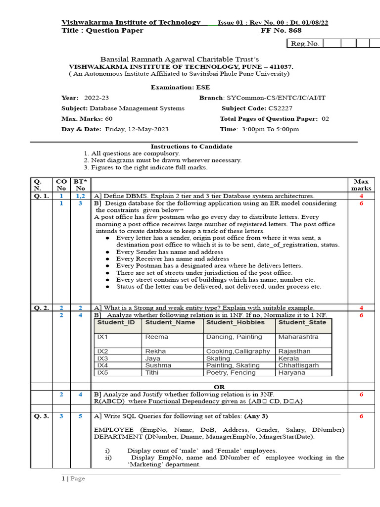 DBMS - ESE Question Paper SEM-II - 22-23 | PDF | Databases | Relational Database