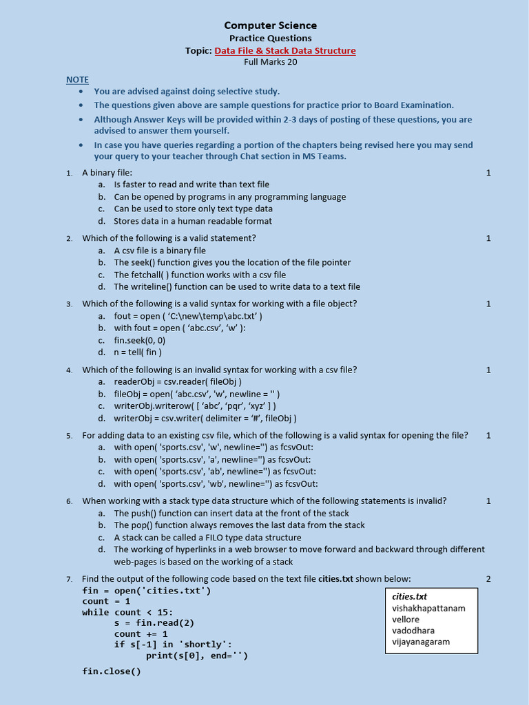 Computer Science Practice Questions-2, fILE and DS | PDF | Comma Separated Values | Text File