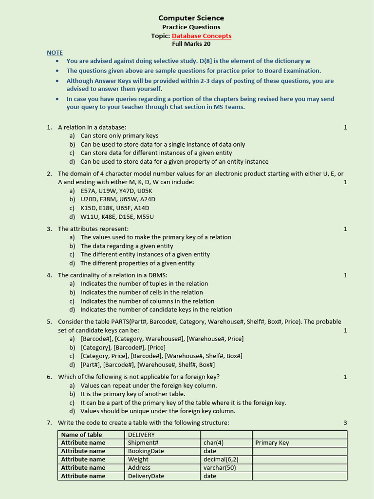 Computer Science Practice Questions-3, Database Concepts | PDF ...