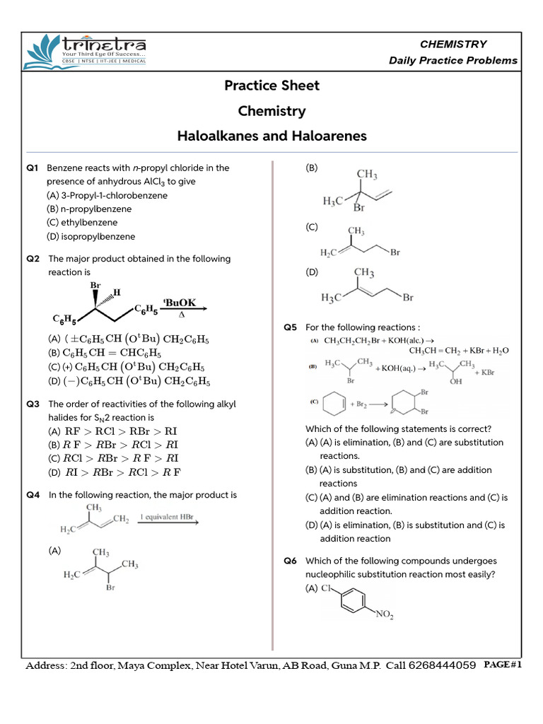 Haloalkanes and Haloarenes Practice Sheet | PDF | Methyl Group | Chemical Reactions