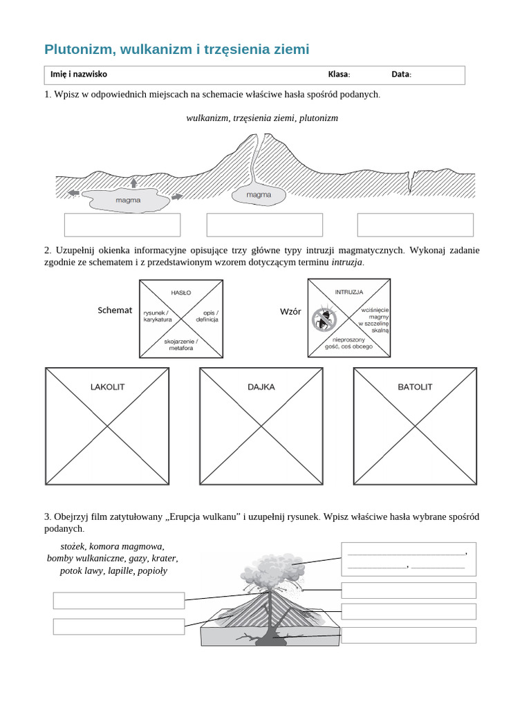 Plutonizm Wulkanizm I Trzesienia Ziemi Karta Pracy | PDF