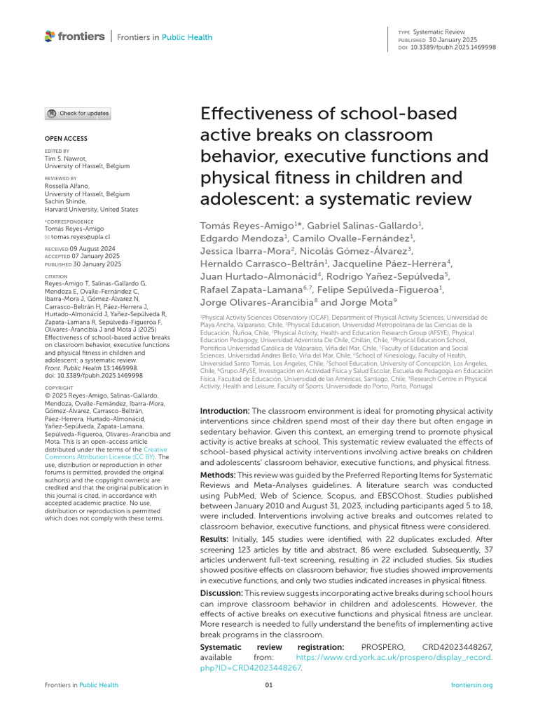 Effectiveness of School-Based Active Breaks On Classroom Behavior, Executive Functions and ...