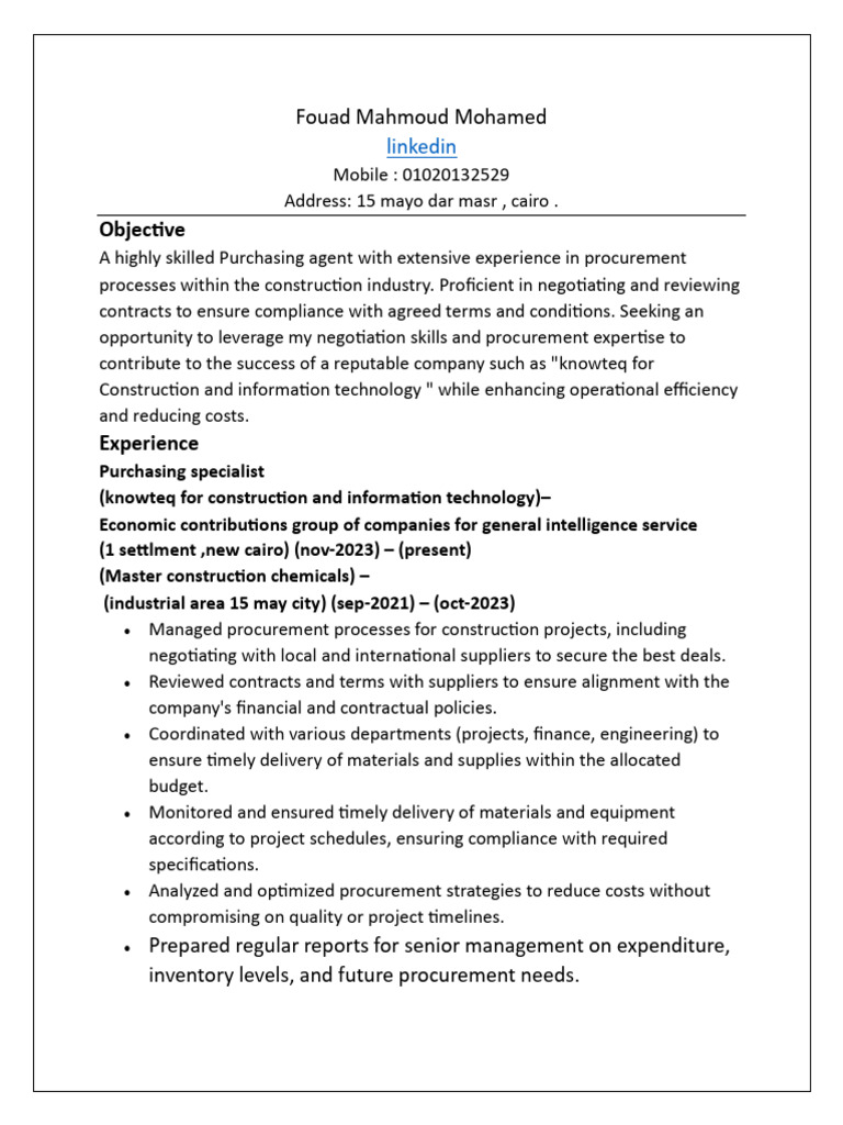 Fouad Mahmoud Cv | PDF | Procurement | Supply Chain