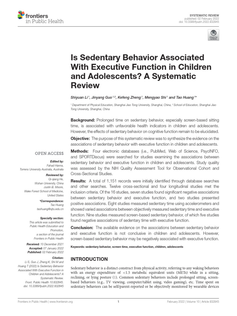 Is Sedentary Behavior Associated With Executive Function in Children and Adolescents A ...