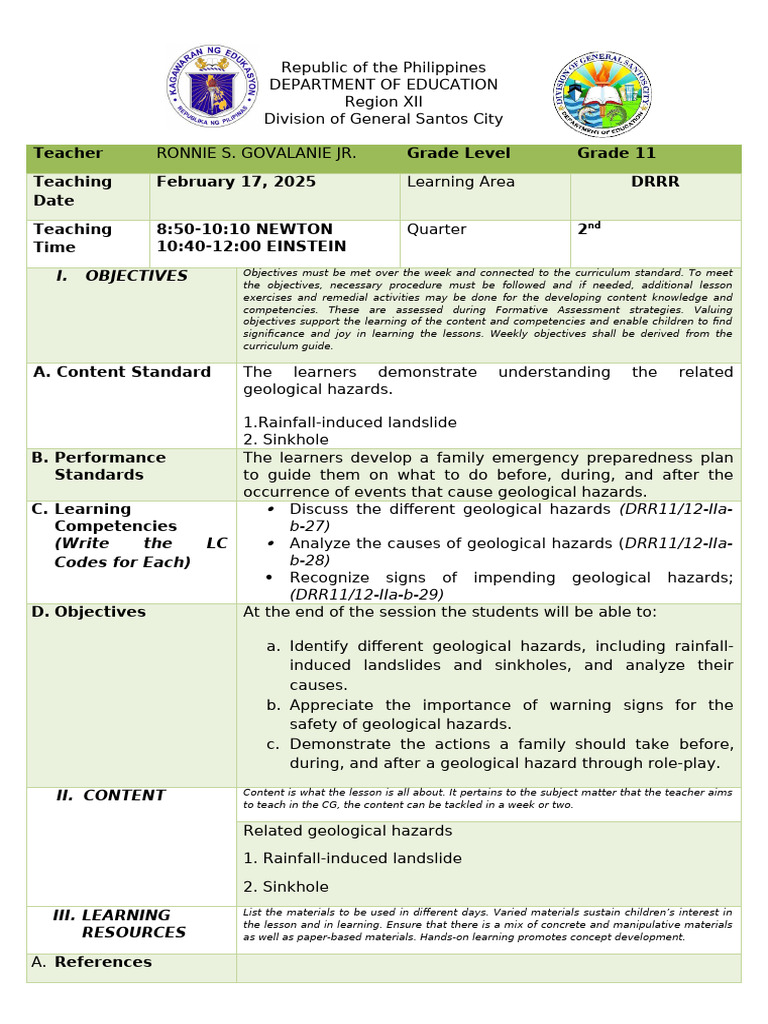 Geological Hazards Lesson Plan for Grade 11 | PDF | Landslide | Sinkhole