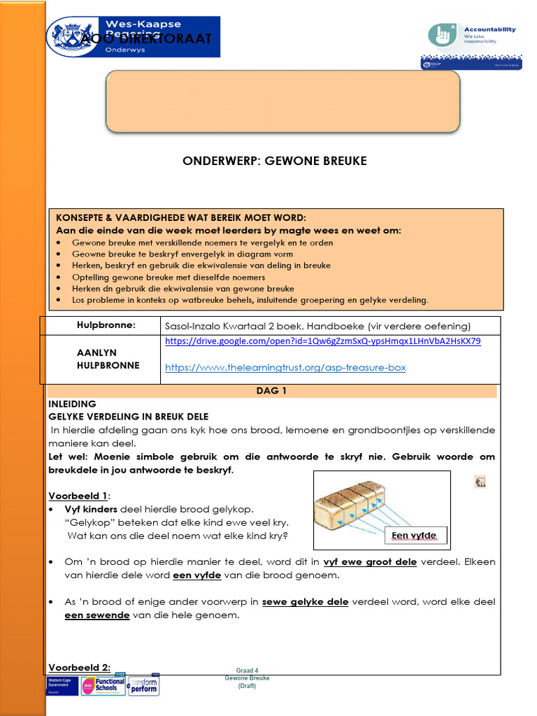 Graad 4 Wiskunde Les Gewone Breuke 2021 | PDF
