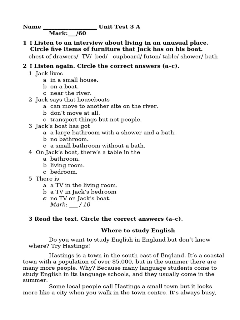 Insight - Elementary - Unit 3 - Test | PDF | Bedroom