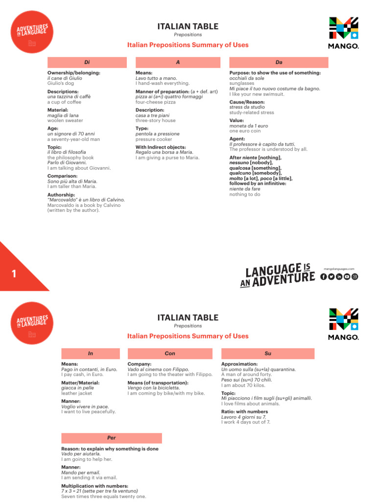 Italian Prepositions Guide PDF | PDF