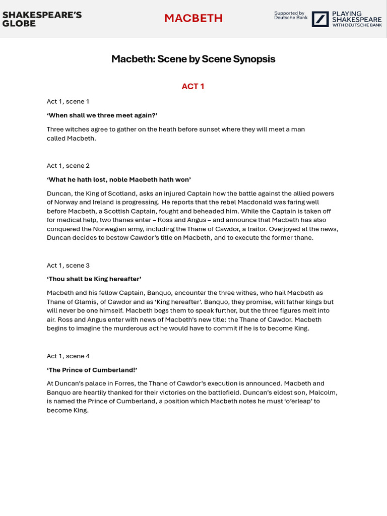 Macbeth Plot Scene by Scene Synopsis | PDF | Macbeth | Shakespearean ...