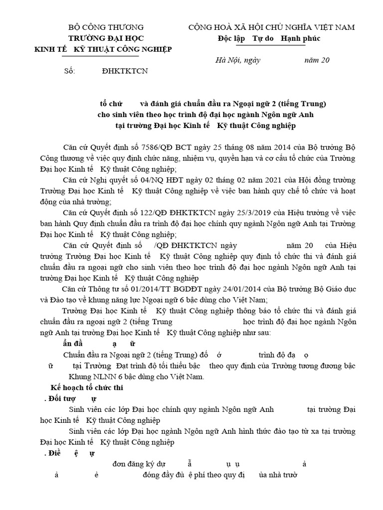 TB số 51_21.1.2025_Thông báo, kế hoạch tổ chức thi CĐRNN 2 (tiếng Trung)-K15+HDTX-Thi lại | PDF