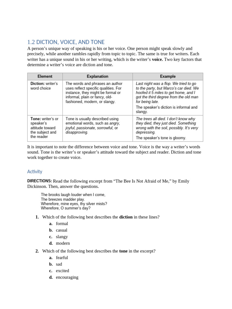 1.2 Worksheet On Diction, Voice, and Tone | PDF